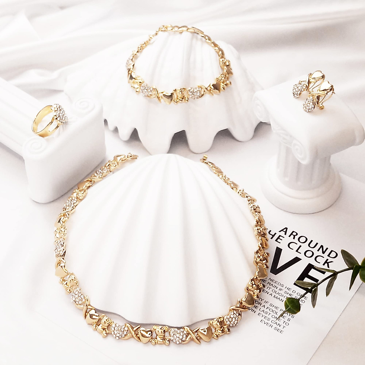 SYHOL Gold Jewelry Sets for Women 18K Gold Filled Jewelry Necklace Set Wedding Bridal Fashion Jewelry Sets Women Accessories Bracelets Earrings and Rings Sweetheart Gifts (GX0033)