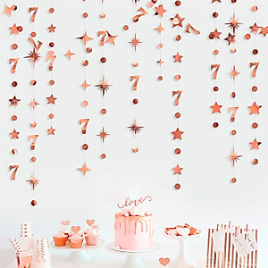 Rose Gold 7th Birthday Decorations Number 7 Circle Dot Twinkle Star Garland Metallic Hanging Streamer Bunting Banner Backdrop for Girls Boys Seven Year Old Birthday 7th Anniversary Party Supplies