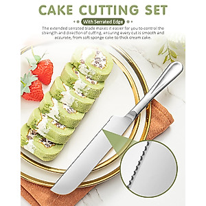 FTAKRY 2-Piece Premium Cake Cutting Set, Exquisite Knife and Server with Serrated Design, Includes Cake Knife and Pie Spatula for Pastry, Pizza and Desserts (Silver)