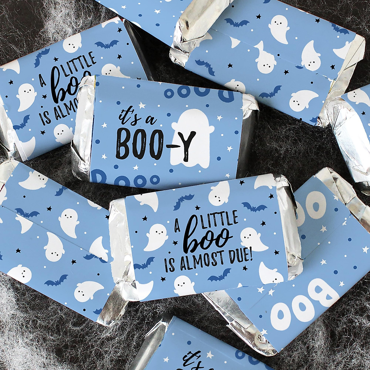 Blue A Little Boo is Almost Due Boy Baby Shower Wrappers for Mini Chocolate Bars, Halloween Baby Shower Party Favor Candy Stickers - 45 Count