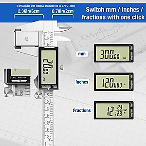 Raynesys Digital Caliper 12 Inch with Large LCD Screen, Inch/MM/Fraction Conversion, 300mm Micrometer Caliper All Stainless Steel Diameter Measuring Tool for Jewelers/Woodworkers/DIY