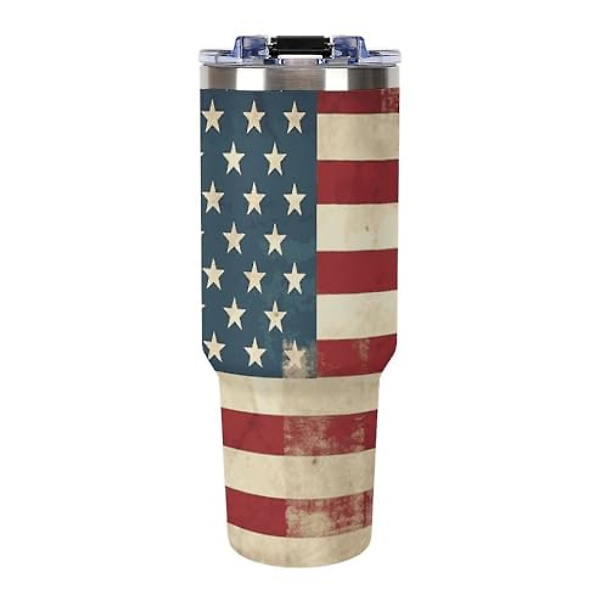LLUTSNTH 40 Oz Vacuum Tumbler with Violet Handle Leakproof Insulated Tumbler Vintage American USA Flag Stainless Steel Travel Mug with Lid And Straw Coffee Cup Cute Water Bottles Cup Holder Friendly