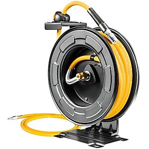 AIRZILLA Steel Retractable Air Hose Reel 3/8" Inch x 50' Feet Hybrid Polymer Hose, Heavy Duty Air Hose Reel included Auto Rewind Reel | Quick Air Coupler | Heavy Duty Steel Frame