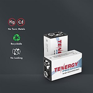 Tenergy Premium 9V Batteries Rechargeable High Drain 250mAh NiMH 9V Square Battery for Smoke Alarm/Detector, 4 Pack