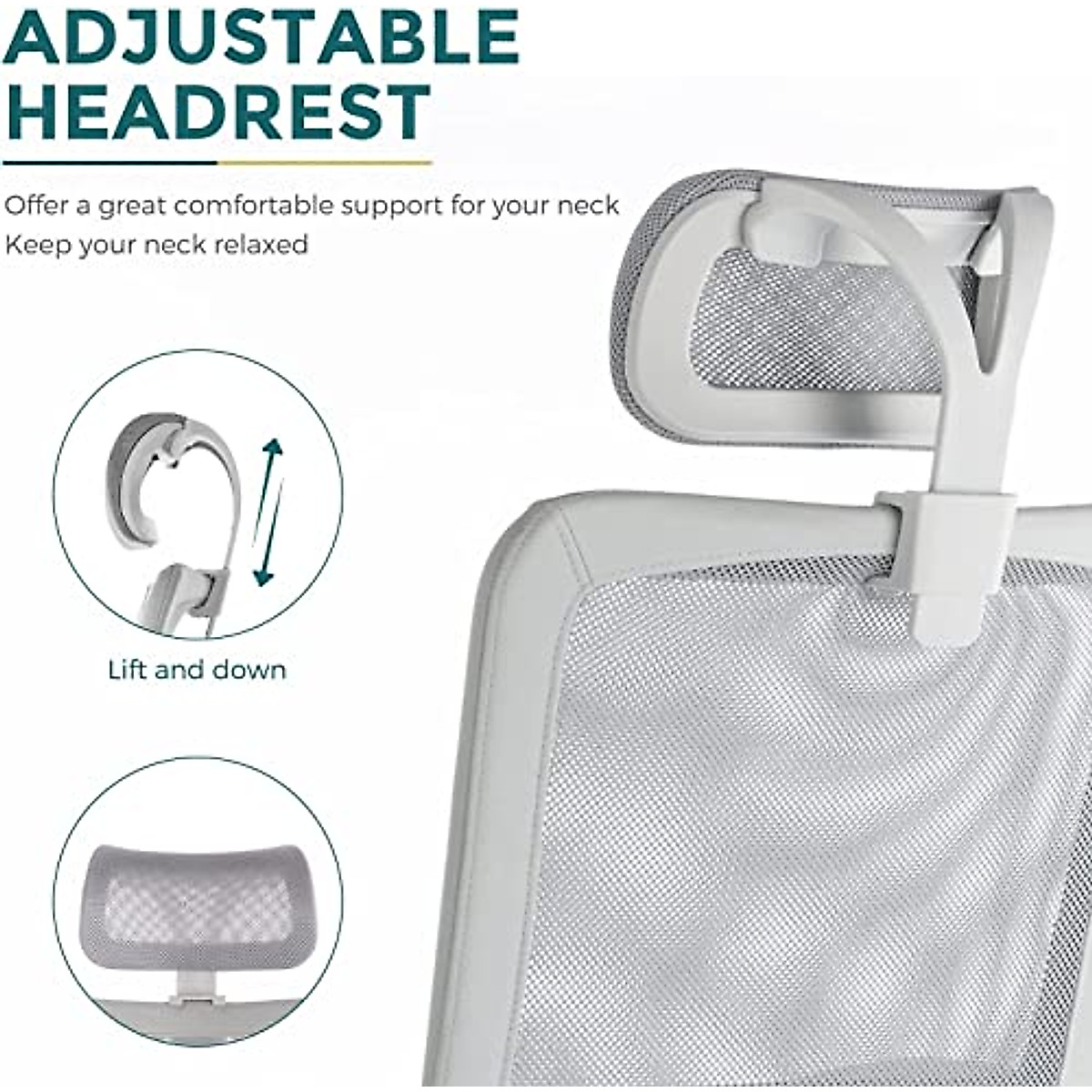 SMUG Ergonomic Mesh High Back Computer Adjustable Headrest,Lumbar Support, Tilt Function,Swivel Rolling, Soft PU Armrest Task Home Office Desk Chairs, Light Grey
