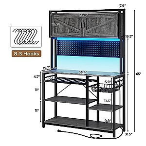 Itaar Bakers Rack with Power Outlet and Led Lights, Coffee Bar Cabinet, Microwave Stand with Wine Rack, Wire Basket, Pegboard and 8 Hoos for Kitchens with Storage, 35.4”, Grey