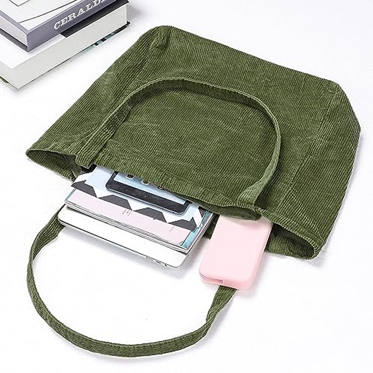 WantGor Large Corduroy Tote Bag, Women Zipper Shoulder Handbags Casual Travel Hobo Bag Shopping Work Bags (Army Green)