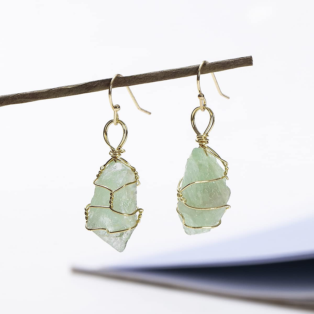 Green Fluorite Earrings, Raw Green Fluorite Earrings, Dangle Earrings, Delicate Stone Charm Gold Plated Drop Earrings, Wire wrapped crystal, Gemstone earrings
