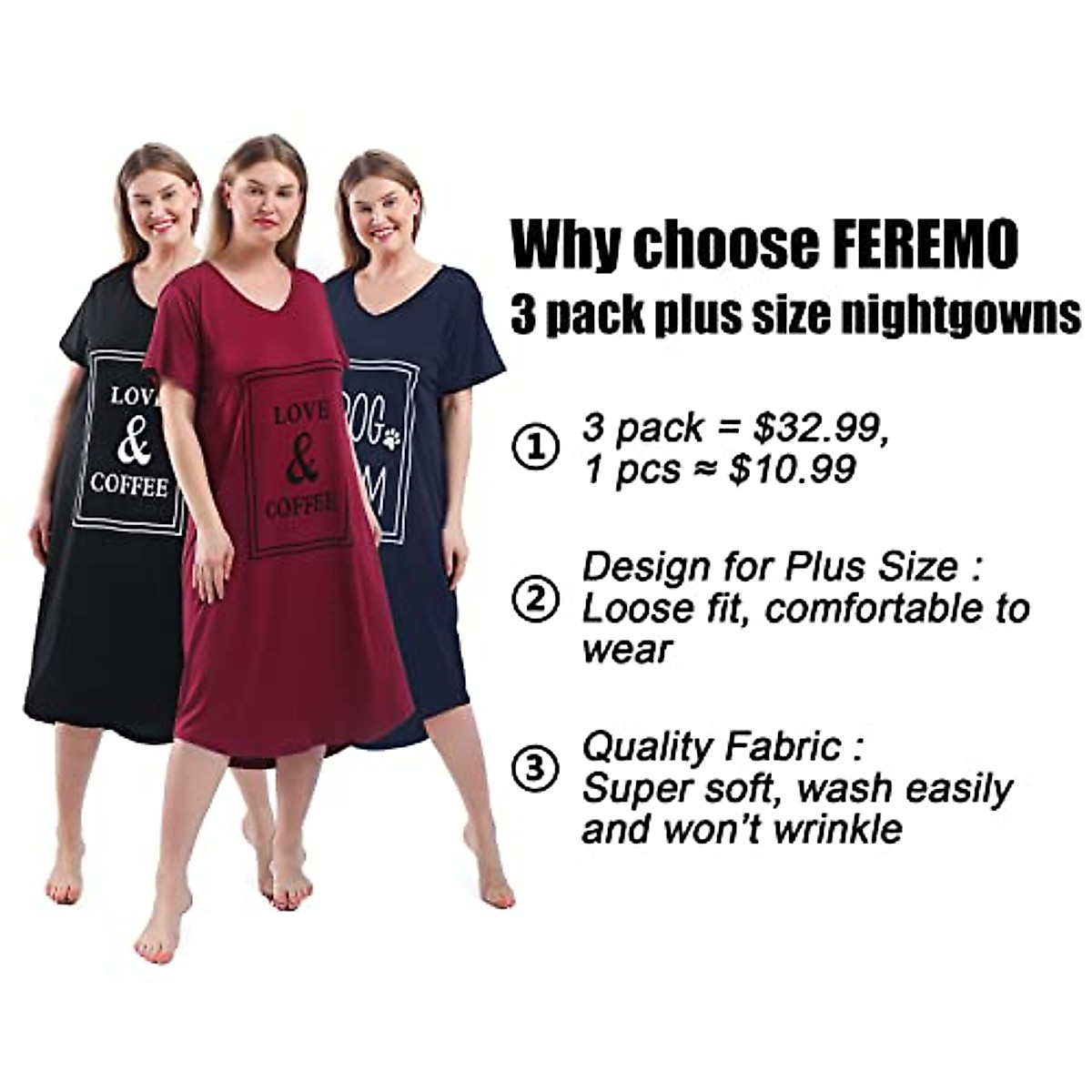 FEREMO 3 Pack Plus Size Nightgowns V Neck Nightshirts Short Sleeve Printed Sleepwear Soft Loungewear for Women (4X, Black+Wine Red+Dog Mom Navy Blue)