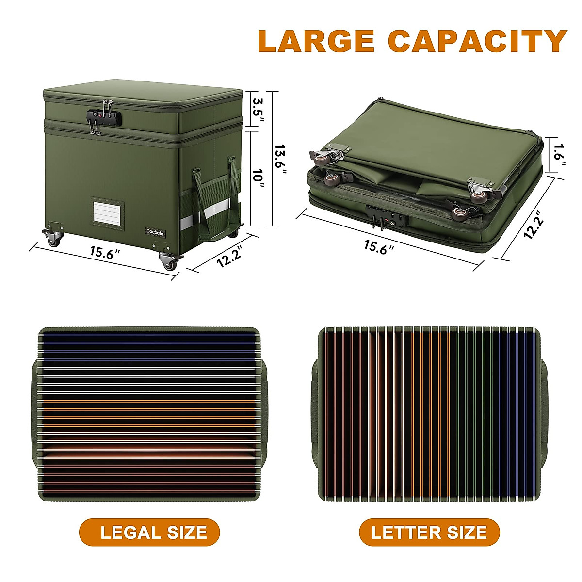 DocSafe File Box with Lock, 2-Layer Fireproof Document Box with Wheels,Collapsible Rolling File Storage Organizer Box with Pockets,Large Portable Home Office Filing Cabinet for Hanging Folders,Green
