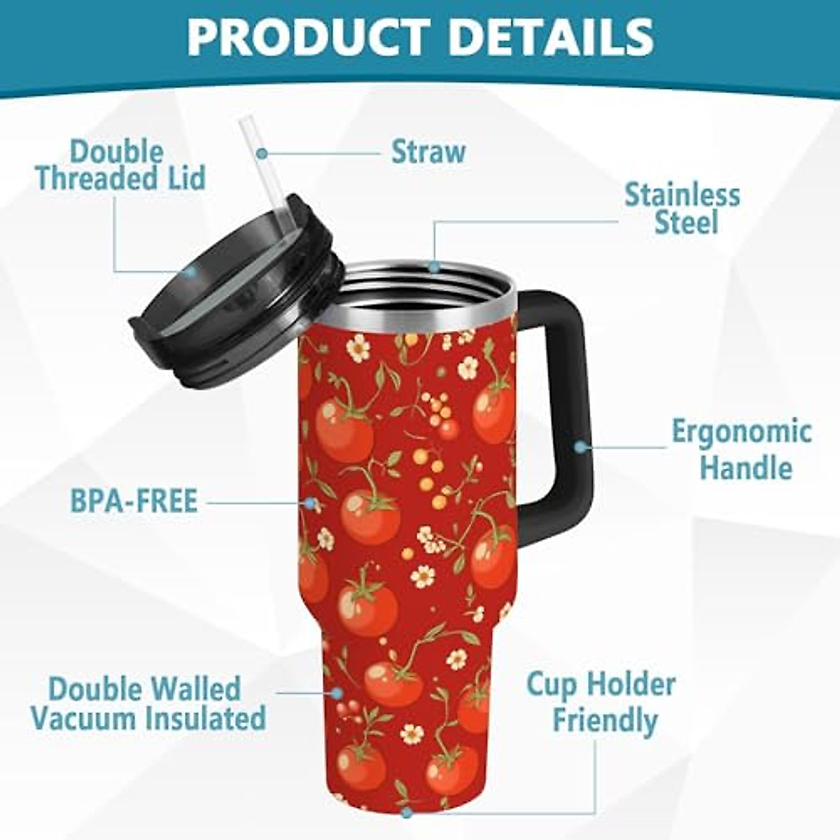 linqin Cartoon Red Tomato Vacuum Tumbler Insulated with Straw Lid 30 oz Kids Water Bottles Wide Mouth Travel Coffee Mug with Handle for Water, Iced Tea or Coffee