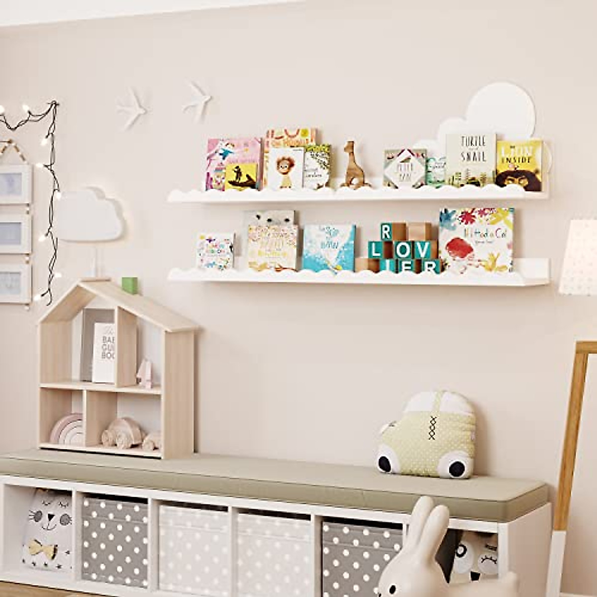 Kids' Bookshelf Set of 4 - White Floating Nursery Book Shelves, Picture Ledge Shelf for Wall Decor and Storage - Perfect for Books, Toys, Photo Frames, and Nursery Décor