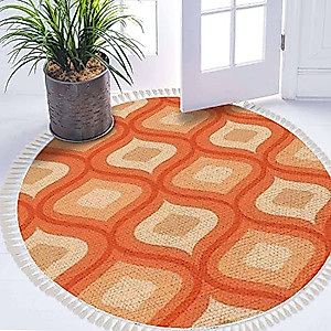 Round Area Rugs Retro 70s Groovy mid Century Modern Ogee Seamless Orange Brown Beige Woven Rug Bedroom Decor Bathroom Powder Room Laundry Room Boho Carpet Outdoor Rug Minimalist Home Decor, 4 ft