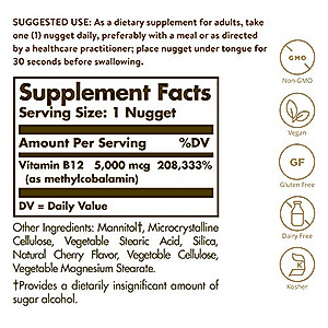 Solgar Methylcobalamin (Vitamin B12) 5000 mcg, 60 Nuggets - Supports Energy Metabolism - Body-Ready, Active Form of B12 - Vitamin B - Non GMO, Vegan, Gluten, Dairy Free, Kosher - 60 Count(Pack of 1)