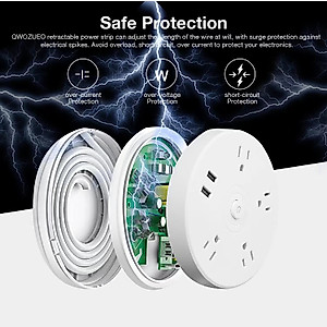 Retractable Power Strip, QWOZUEO 5 Ft Extension Cord, Power Strip Surge Protector with 4 Outlet 2 USB Ports and Hook, 2000 Joules USB Wall Charger, Portable Travel Power Strip for Home, Office, Hotels