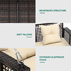 YITAHOME Porch Swing Hanging Bench Swing Outdoor Wicker Patio Swing Lounge Front Rattan Swing w/ 2 Back Cushions Capacity 530lbs for Garden, Balcony, Brown Rattan Beige Cushion
