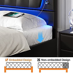 FORABAMB Full Size Bed Frame with LED Lights and USB Ports, Upholstered Platform Bed Frame with Adjustable Headboard and 4 Storage Drawers, No Box Spring Needed,Noise Free, Black