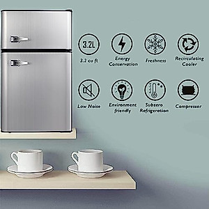 Antarctic Star Mini Refrigerator 3.2Cu.Ft Compact Fridge Defrost Double Doors Freezer Energy Saving Storage of Beverages Vegetables Fruits Suitable for Kitchen Living Room Office Dorm Grey