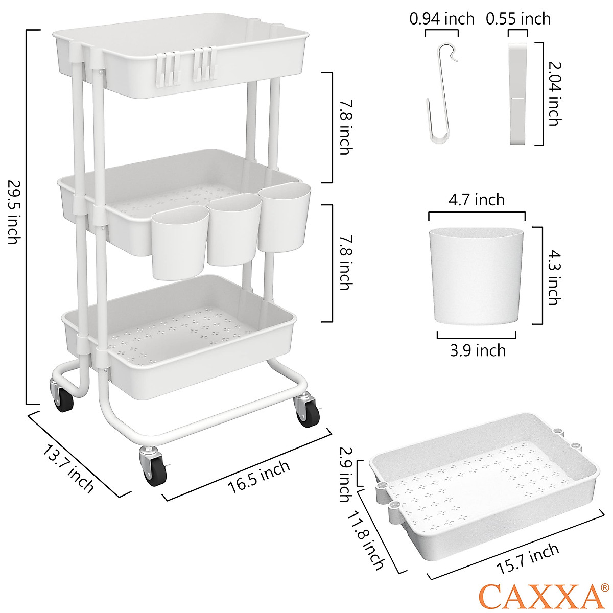 CAXXA 3-Tier Rolling Storage Organizer with 3 Small Baskets - Mobile Utility Cart with Caster Wheels (White)