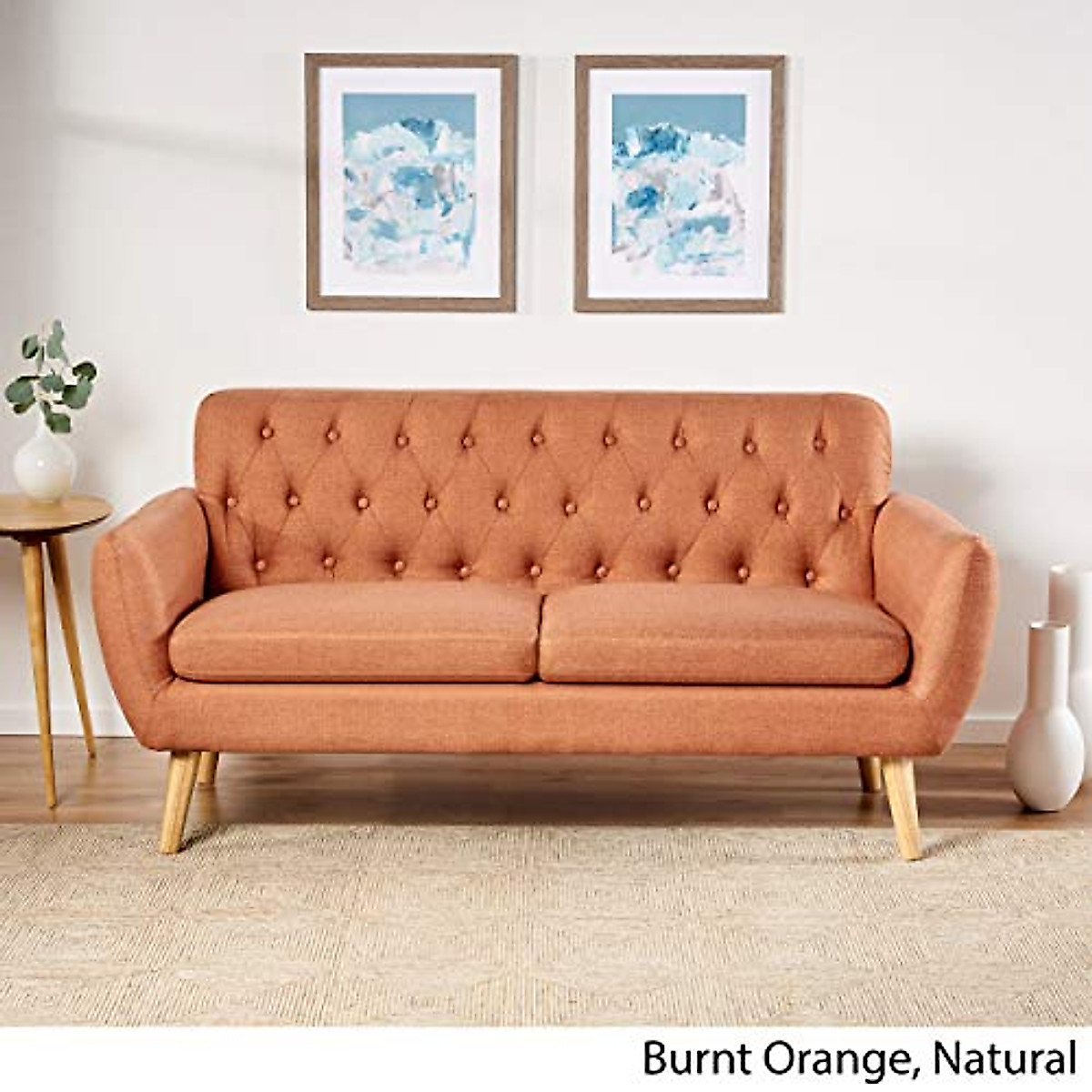 Christopher Knight Home Bernice Mid-Century Modern Tufted Fabric Sofa, Burnt Orange / Natural