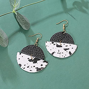 Faux Leather Cow Print Teardrop Leaf Drop Dangle Earrings Floral Hook Star Round for Women Lightweight Handmade Aesthetic Jewelry-Black Layered