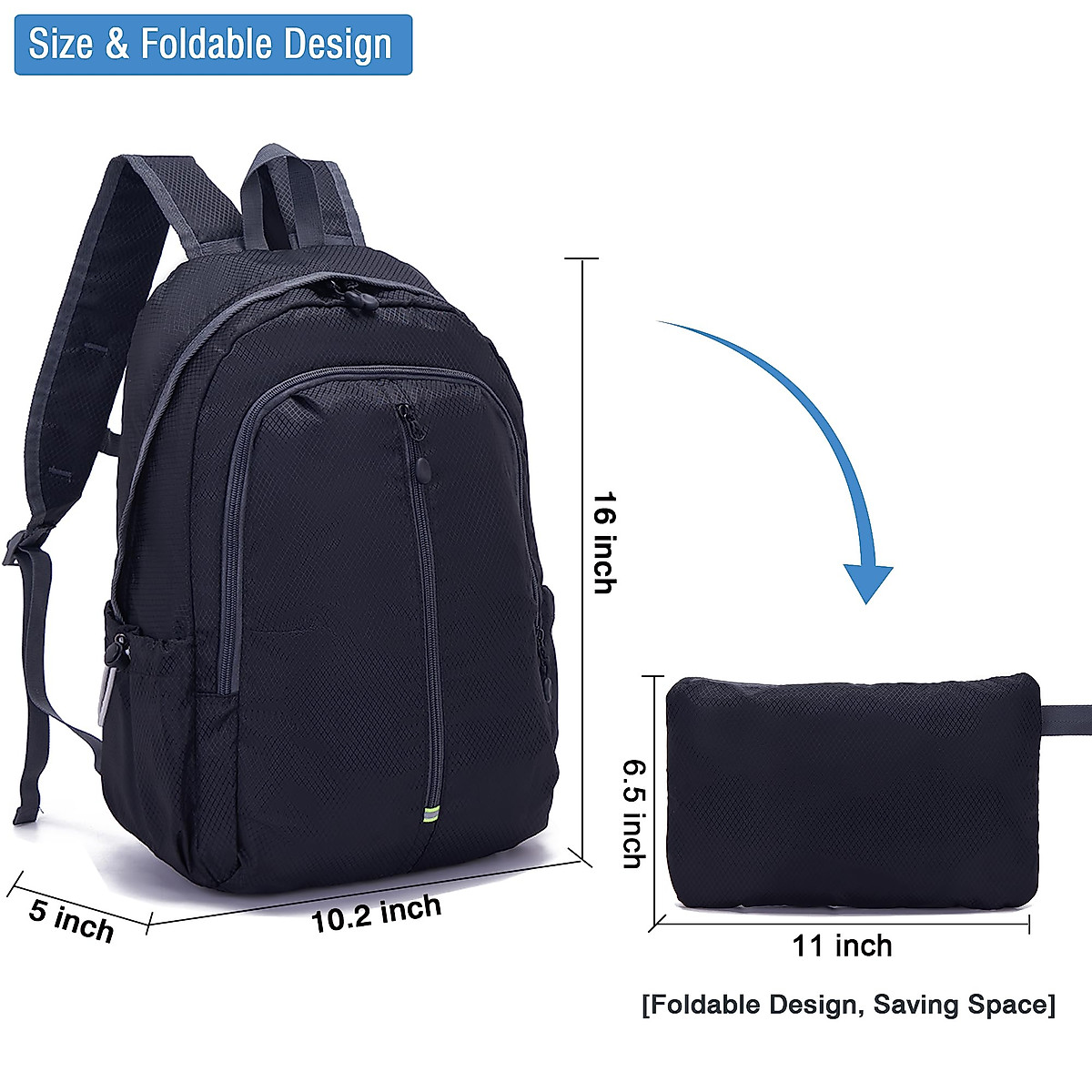 YZAOLL 25L Lightweight Packable Hiking Backpack Waterproof Hiking Daypack for Women Men Gym Backpack Travel Camping Vacation,Black