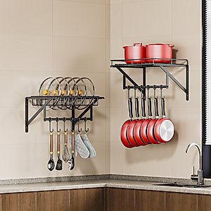 Clothink 2 Packs Wall Mounted Hanging Pots and Pans Organizer Rack with 12 Hooks,For Storage Pans,Pot Lids, Cooking Utensils, Plants and Toiletries in the Kitchen,Balcony or Bathroom