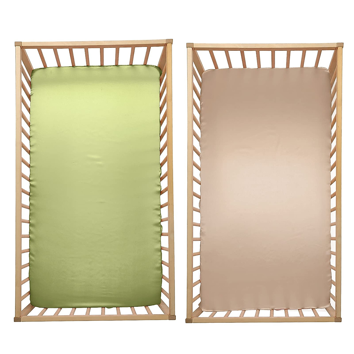 SiinvdaBZX 2 Pcs Satin Mini Crib Sheets 38 x 24In, Silky Soft Mini Portable Crib Sheets Mattress Cover Portable Playard Sheets with 5In Deep Pocket, Great for Baby Hair (Beige & Sage Green)