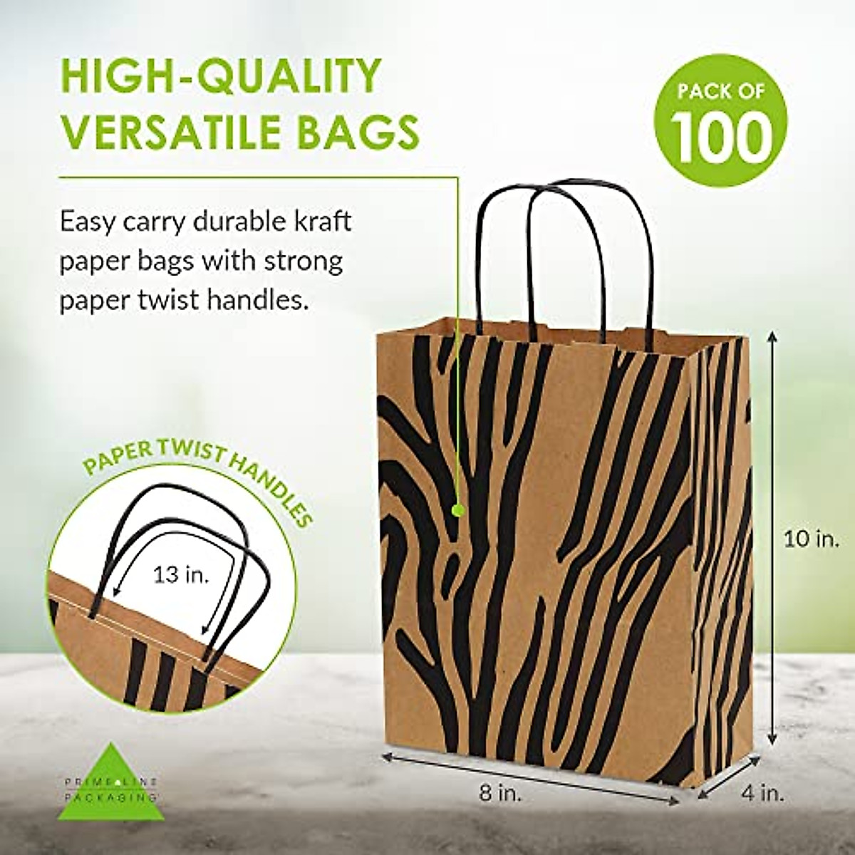 Brown Paper Gift Bags - 8x4x10 Inch 100 Pack Brown Animal Print Paper Bags with Handles, Cheetah, Zebra, Leopard, for Shopping, Small Business, Retail, Take-Out, Merchandise, Parties, Events