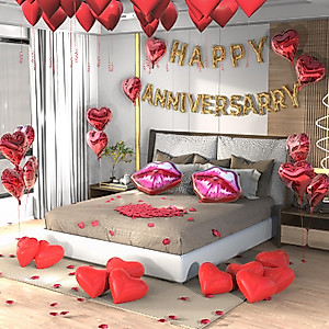 Anniversary Decorations, Happy Anniversary Banner, Latex Heart Balloons, Foil Heart Balloons, Red Silk Rose Petals for Romantic Night Weddings Bridal Showers Bachelorette Party Decorations