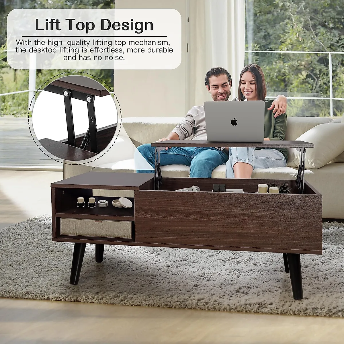 Ktoinpo Lift Top Coffee Table for Living Room, Wood Center Dining Table with Hidden Compartment Storage, Modern Adjustable Teas Tables Home Office Medieval Furniture Grey