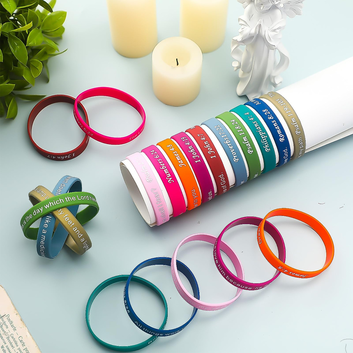 Estune 120 Pieces Bible Verses Bracelets Motivational Quote Rubber Wristbands Religious Silicone Bracelet Inspirational Silicone Wristbands Stretch Unisex for Men Women Party