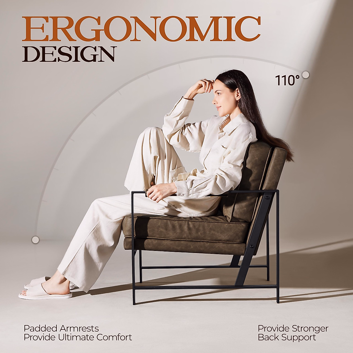 Yaheetech PU Leather Armchair, Retro Leisure Accent Chair with Extra Soft Padded and Cushion, Modern Reading Arm Chair with Black Metal Frame for Living Room/Office/Bedroom/Study, Brown