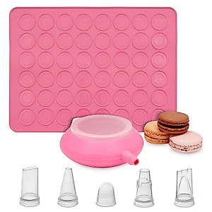 Macaron Baking Kit with Pink Silicone Mat Cookie Sheet, Piping Pot, 5 Nozzle Tips (7-Piece Set)