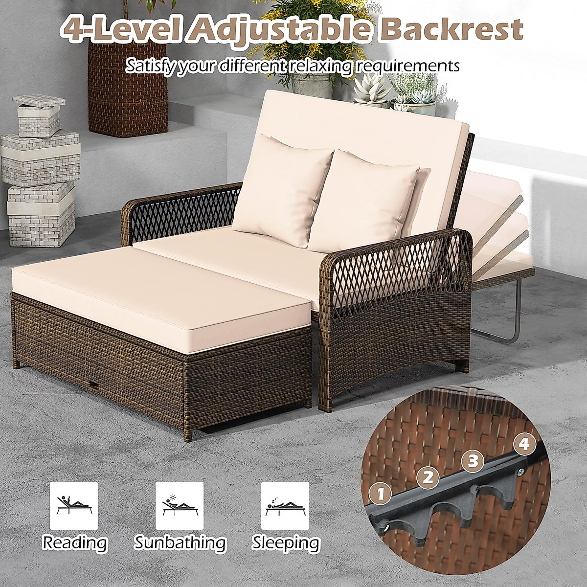 Tangkula Patio Adjustable Wicker Daybed, Rattan Loveseat & Storage Ottoman w/ 4-Level Backrest & Soft Cushions, Space-Saving 2-Person Sun Lounger for Backyard, Porch (Beige)