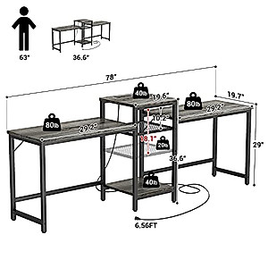 Unikito Two Person Desk, Home Office Desk with Power Outlet and Printer Stand, Double Computer Desk with Open Storage Shelf, Double Gaming Computer Desk, Extra Long Table, Writing Study Desk, Gray Oak