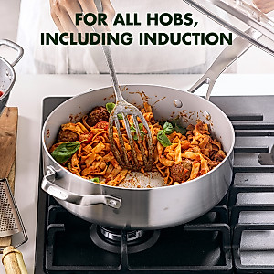 GreenPan Venice Pro Tri-Ply Stainless Steel Healthy Ceramic Nonstick 5QT Saute Pan Jumbo Cooker with Helper Handle and Lid, PFAS-Free, Multi Clad, Induction, Dishwasher Safe, Oven Safe, Silver