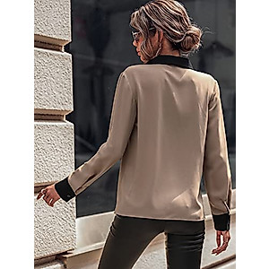 SweatyRocks Women's Color Block Long Sleeve Collar V Neck Shirt Casual Office Work Pullover Blouse Top Apricot S