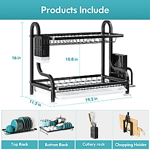 MAJALiS Dish Drying Rack for Kitchen Counter, 2 Tier Large Dish Drainers with Drainboard Set and Utensil Holder, Dish Dryer Strainer (Black, Stainless Steel)