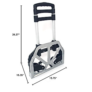 Portable Folding Hand Truck Aluminium Luggage Trolley Cart and Dolly 165 lbs Capacity with Bungee Cord, Telescoping Handle, PVC Wheels with Double Bearings for Travel Office Auto Moving (Black)