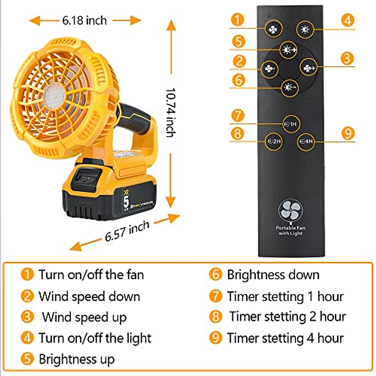 WaxPar For Dewalt Fan Cordless Camping Fan for Dewalt 20V Lithium Battery, USB Floor Fan Battery Operated Fan with 9W LED Light, Remote, 4H Timer Portable Tent Fan for Jobsite, Hiking, Fishing