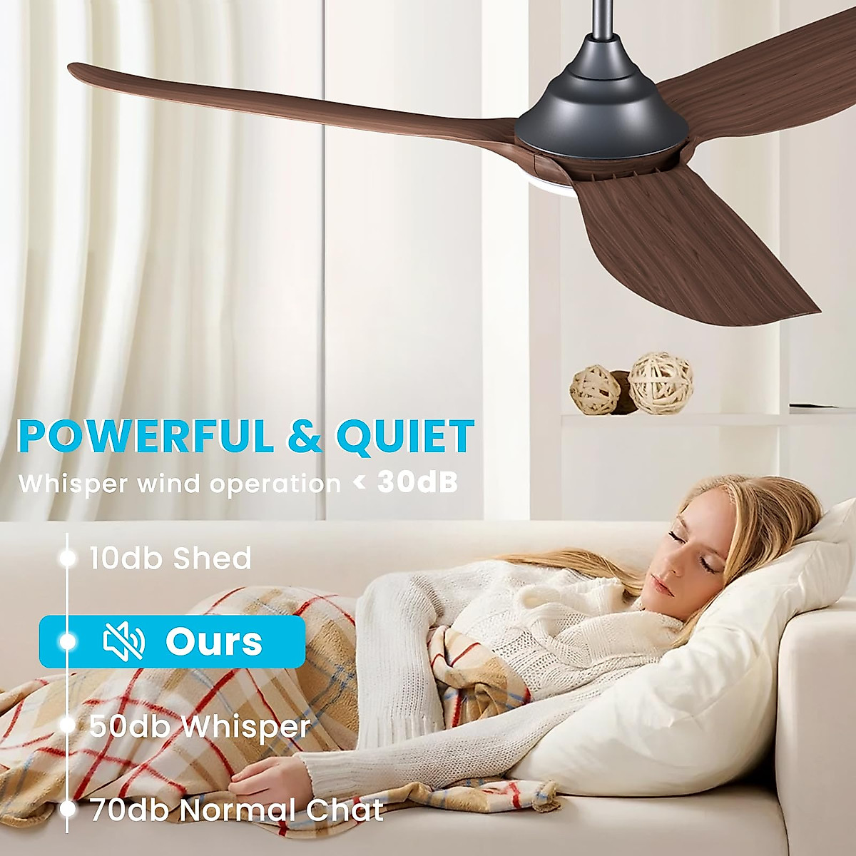 CJOY 58'' Wood Ceiling Fans with Lights, Bedroom Ceiling Fan with Remote Control, LED Dimmable Reversible Noiseless DC Motor Ceiling Fans for Patio Bedroom, Indoor/Outdoor Use