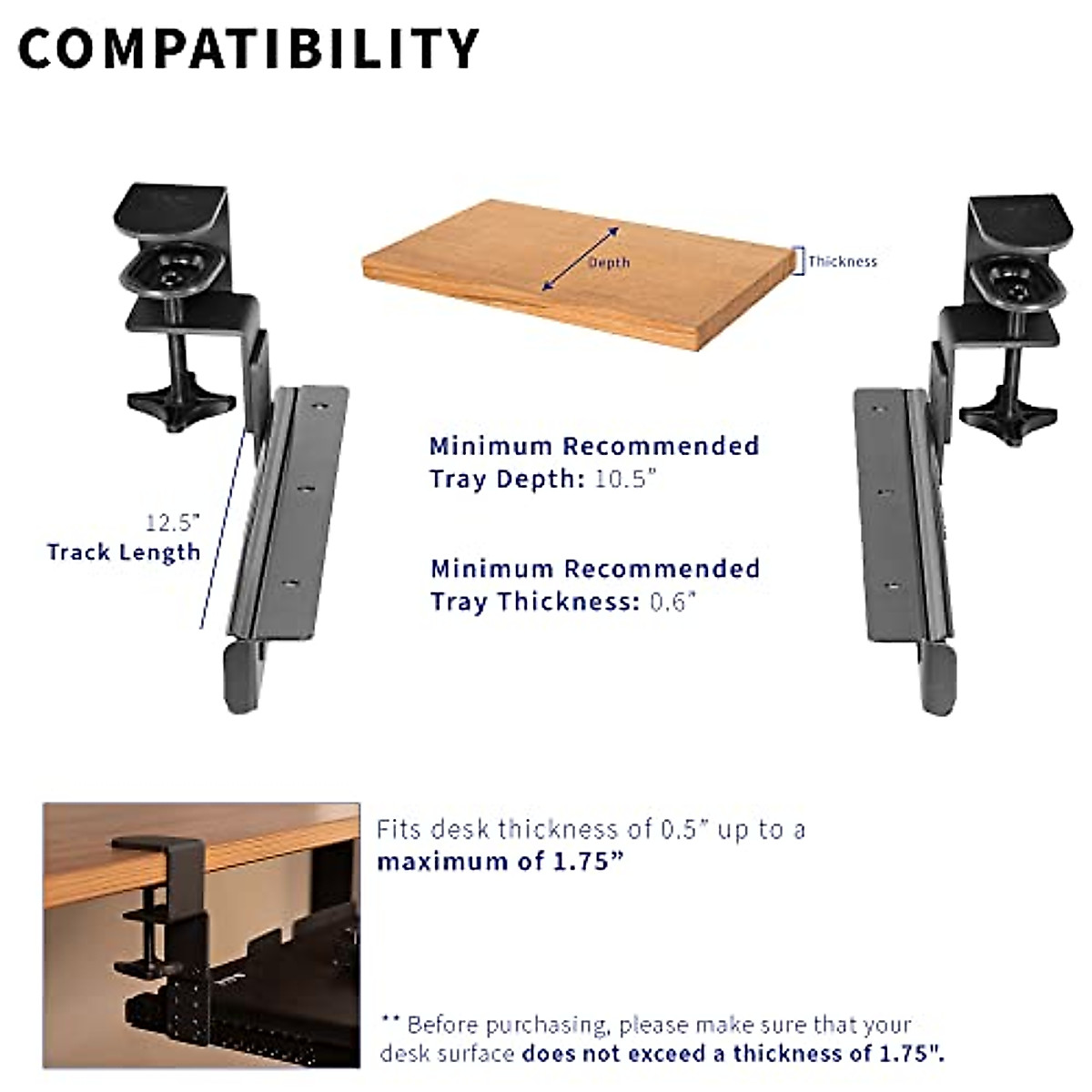 VIVO Height Adjustable Clamp and 12 inch Rail Set for DIY Custom Wooden Keyboard Trays (Tray Not Included), Under Desk Pull Out Slider Track with C-clamp Mount System, Black, MOUNT-RAIL02H