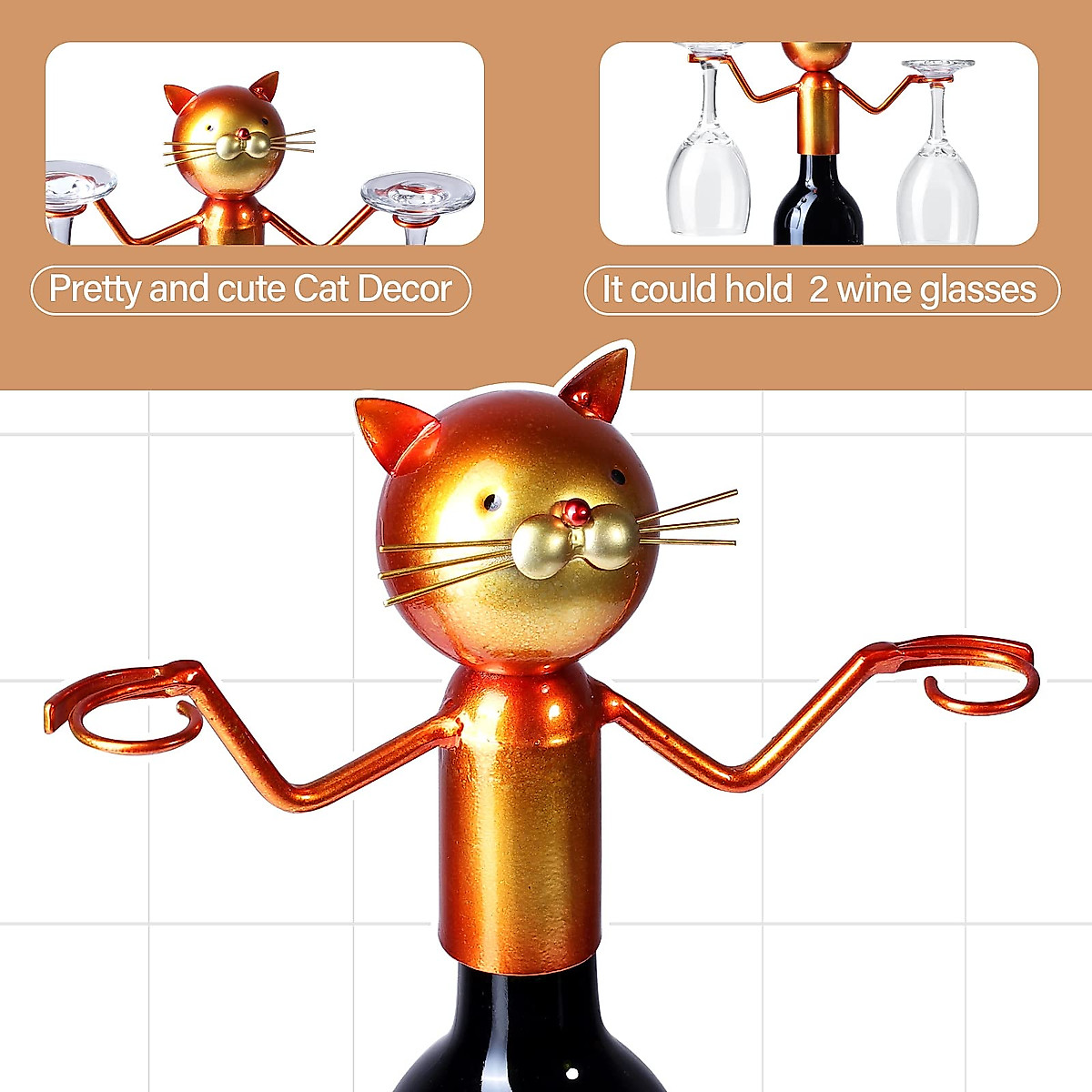 Drincarier Cat Decor Wine Bottle & Glass Holders Tabletop Wine Racks Shelf Metal Wine Bottle Holder Hold 1 Wine Bottle and 2 Glasses (Cat Wine Glass Holder)………