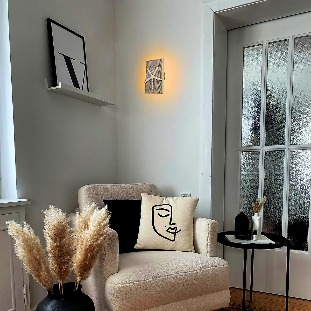 SKIVTGLAMP Raw Wood Wall Sconce Rechargeable Battery Operated LED PIP Motion IR Sensor Wall Lamp, No Drilling Cordless Hand Crafted Wall Mounted for Rustic Home Decor Backdrop Landscape Starfish