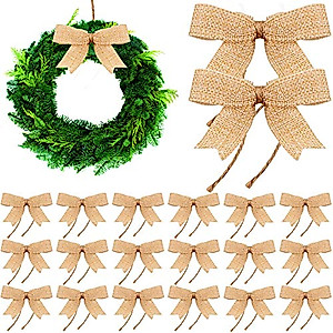 24 Pieces Burlap Bows Decorative Christmas Bows Knot Ornament Bows Small Linen Handmade Wreath Bow for Christmas Tree Decoration Festival Holiday Party Package Supplies, 3 Inch