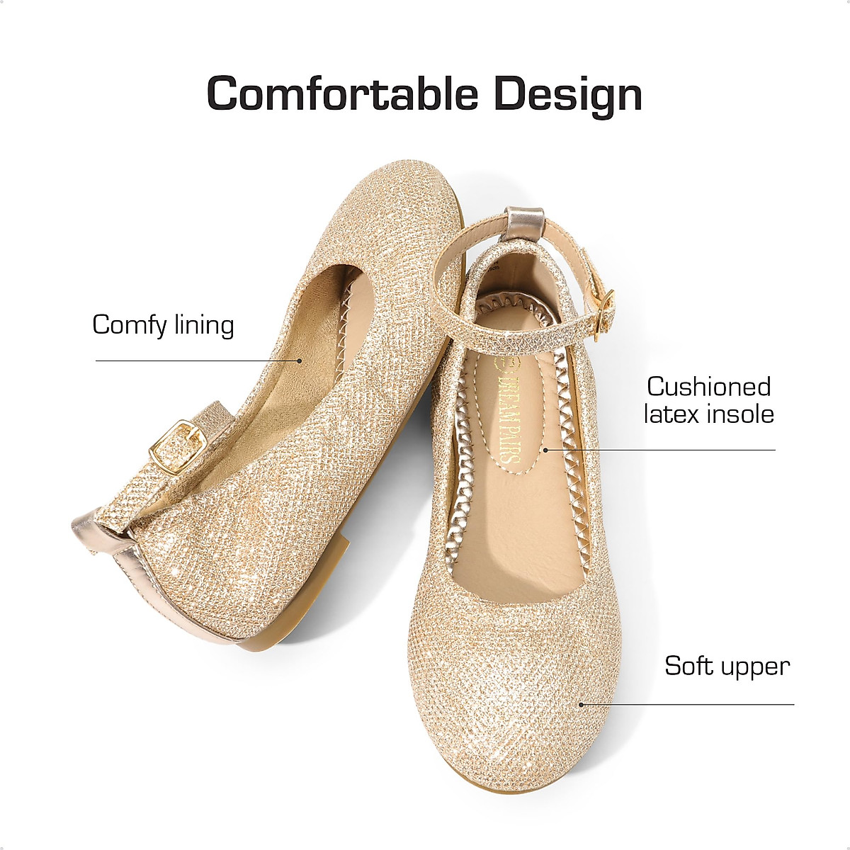 DREAM PAIRS Girls Dress Shoes Girl's Ballerina Flat Ankle Strap Ballet Flats for Toddler/Little Kid/Big Kid,Size 2 Little Kid,Gold/Glitter,Sole-FINA-K