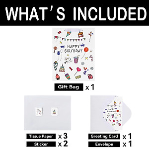 13" Large White Gift Bag Set with Greeting Card and Tissue Papers (Cake and Ice Cream) for Boys, Girls or Kids Birthday Party, Baby Shower