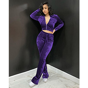 Womens 2 Piece Velour Hoodie Jogger Tracksuit Two Piece Outfits for Women, Long Sleeve Full-Zip Up Velvet Crop Tops Jacket Flared Pants Fall Lounge Matching Sets Sportswear Jogging Sweatsuit Pockets