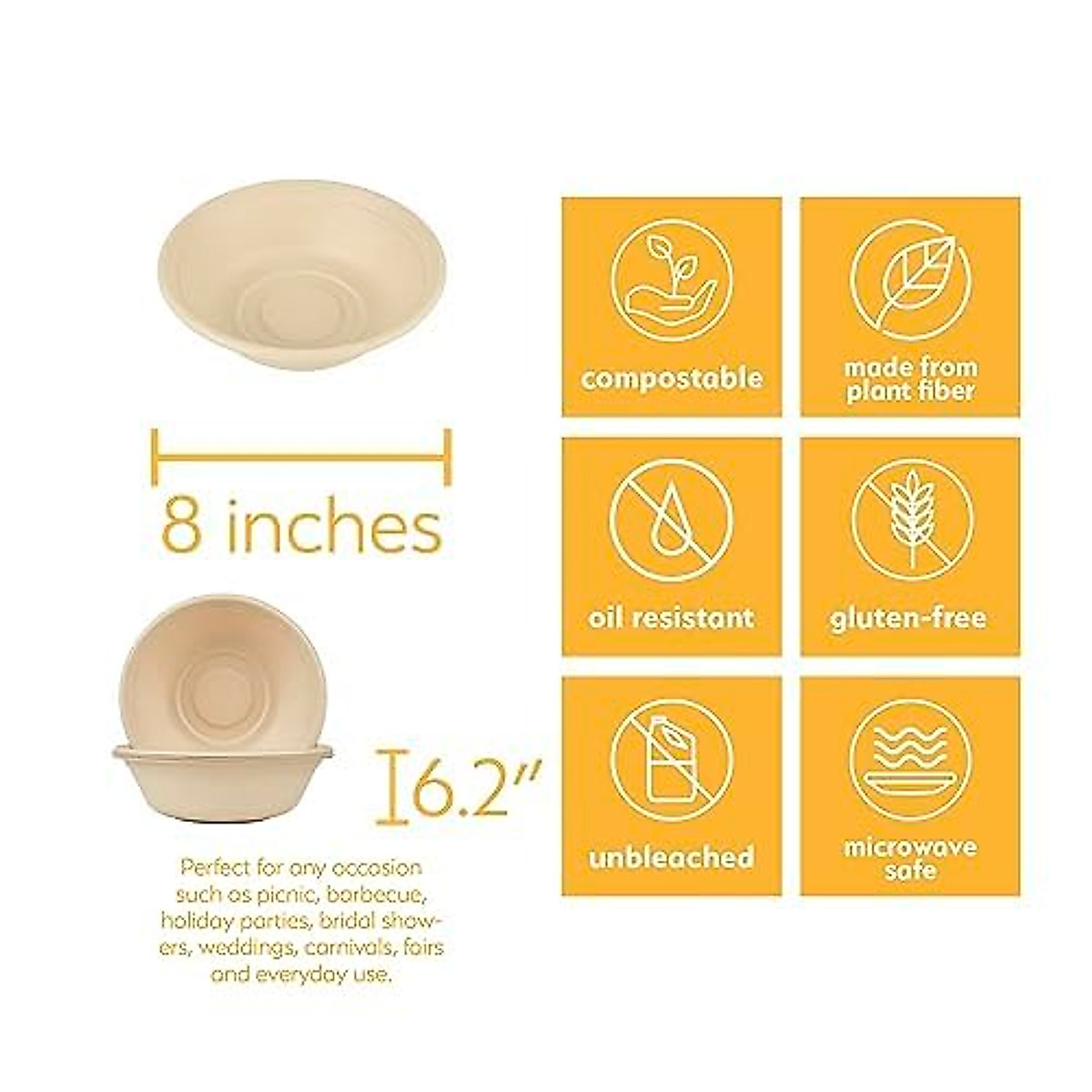 Earth's Natural Alternative 100% Compostable Paper Bowls [32oz 50 Pack] Soup Bowls, Pasta, Cereal, Salad, Ice Cream, Disposable Bamboo Large Bowls, Biodegradable, Unbleached